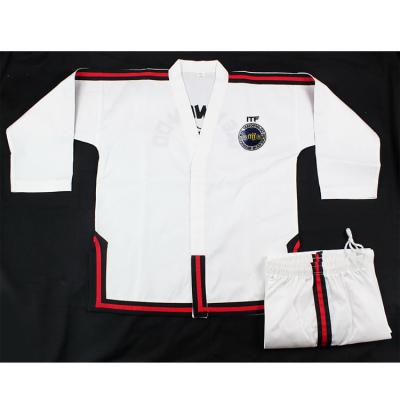 China Hot sale Custom white collar ITF master Taekwondo uniform striped ITF TKD uniform Taekwondo Gi for master 4-6 dan for sale