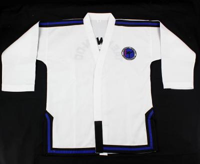 China Custom white collar ITF master Taekwondo uniform blue strip ITF TKD uniform Taekwondo Gi for master 4-6 dan for sale