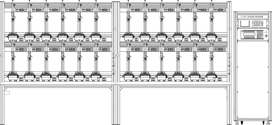 Separate structure test bench showing power source cabinet and rack