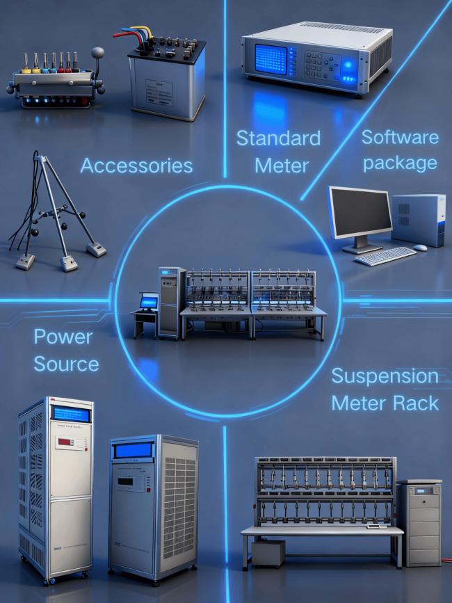 YC-1893D Meter Test Bench showing multiple meter testing positions
