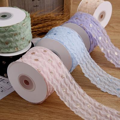 China 50mm Organza Ribbon met Dot Pattern Gold Foil Printed Polyester Organza Ribbon OEM Eco Friendly Te koop