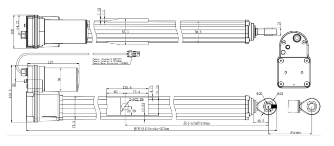 TOMUU U20K Linear Actuator dimensional diagram and specifications