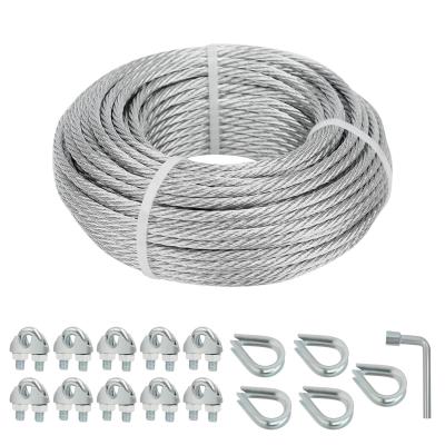 China Anchored Shed Construction 7X7 Strand Core Galvanized Stainless Steel Aircraft Cable With Rope Clamp And Thimble for sale