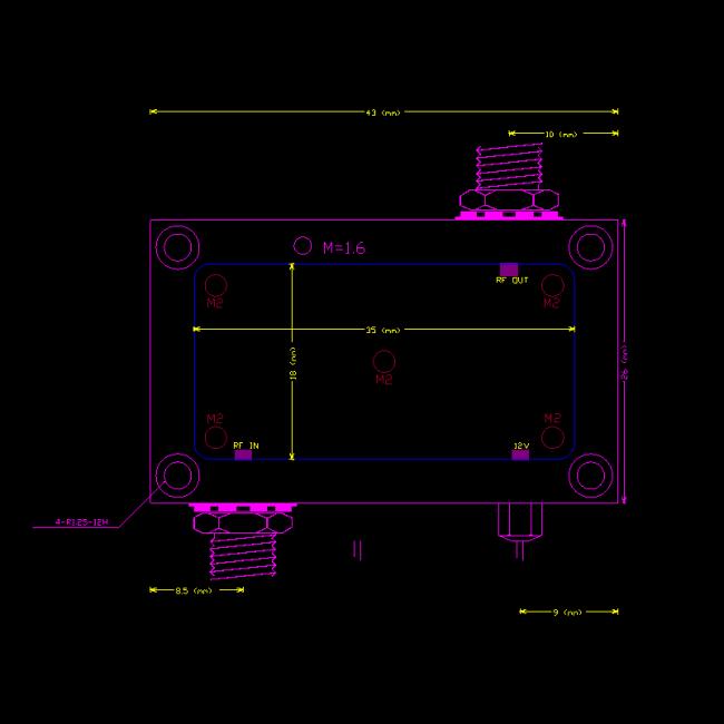 Technical drawing of 1W 2.5 Watts Mini Size PA RF Power Amplifier