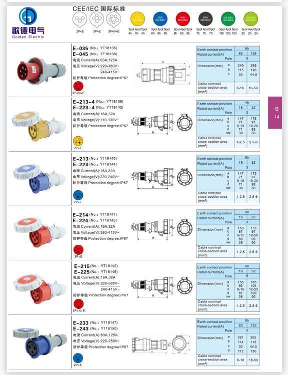 Industrial Socket Plug 16A 32A 63A 125A IP 67 New Type Male and Female with Cover Socket