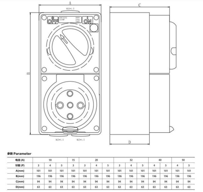 Australian Standard Integrated Industrial Socket Combined Switch Isolation Socket Porous IP66 Square Socket
