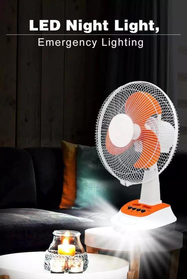 12 Inch Rechargeable Fan AC/DC Charge Table Fan Power Bank Function Solar Charge Emergency Fan with LED Lights
