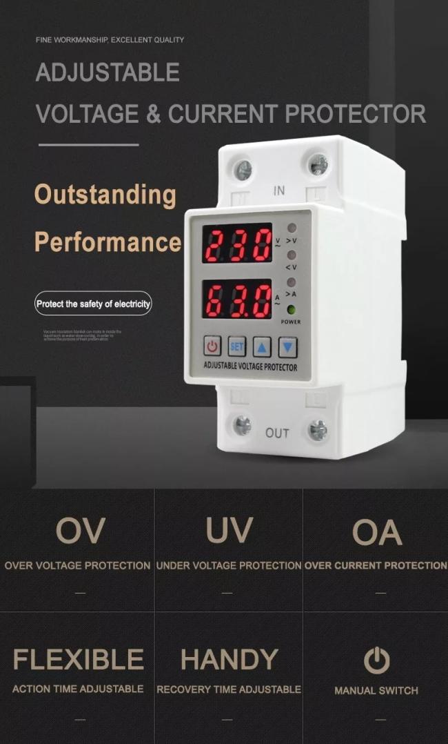 Dual Display 40A 63A 230VAC Adjustable Digital Over Under Voltage Protector Over Current Protection Limiter