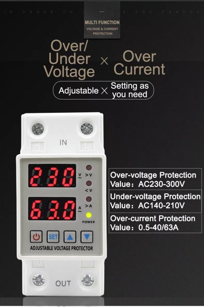 Dual Display 40A 63A 230VAC Adjustable Digital Over Under Voltage Protector Over Current Protection Limiter