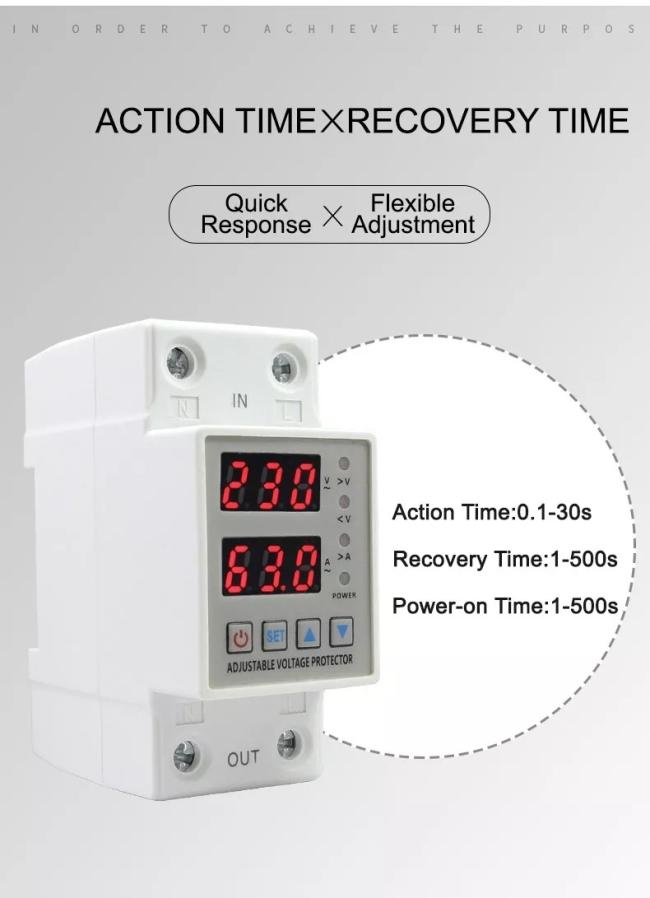 Dual Display 40A 63A 230VAC Adjustable Digital Over Under Voltage Protector Over Current Protection Limiter