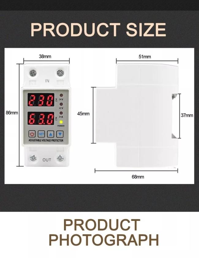 Dual Display 40A 63A 230VAC Adjustable Digital Over Under Voltage Protector Over Current Protection Limiter