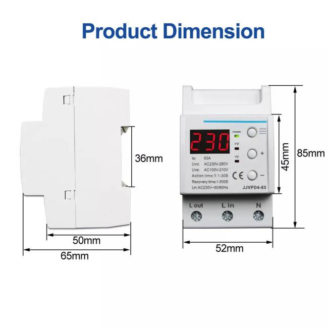 3p 63A Dinrail 230V Adjustable Over Under Voltage Protector Protective Device Overload Protection Relay