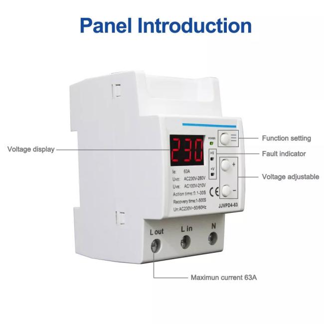 3p 63A Dinrail 230V Adjustable Over Under Voltage Protector Protective Device Overload Protection Relay