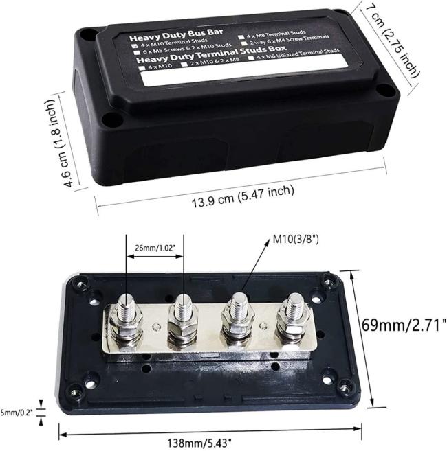 Battery Power Distribution Block Power Single Heavy-Duty Terminal Studs Distribution Dual M8 Terminal Studs Bus Bar