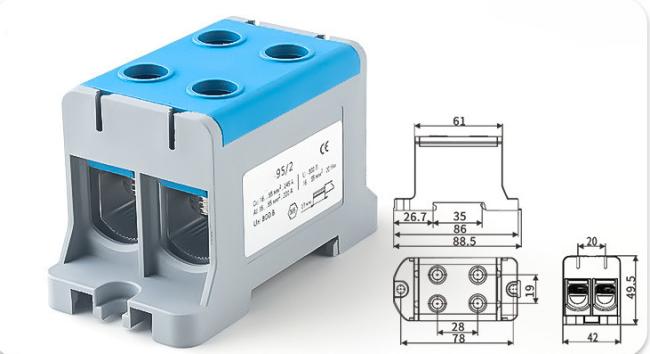 High Current 2p/4p Power Distribution DIN Rail Mounted 750V 800V Terminal Connector Electrical Terminal Block