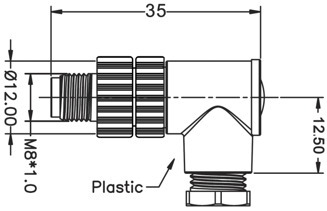 M8 angled connector dimensional drawing with measurements