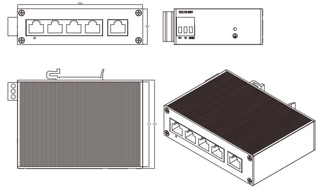 Technical drawing showing dimensions of 5-port industrial Ethernet switch