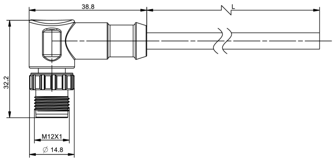 M12 Connector angled view showing cable attachment and pin configuration