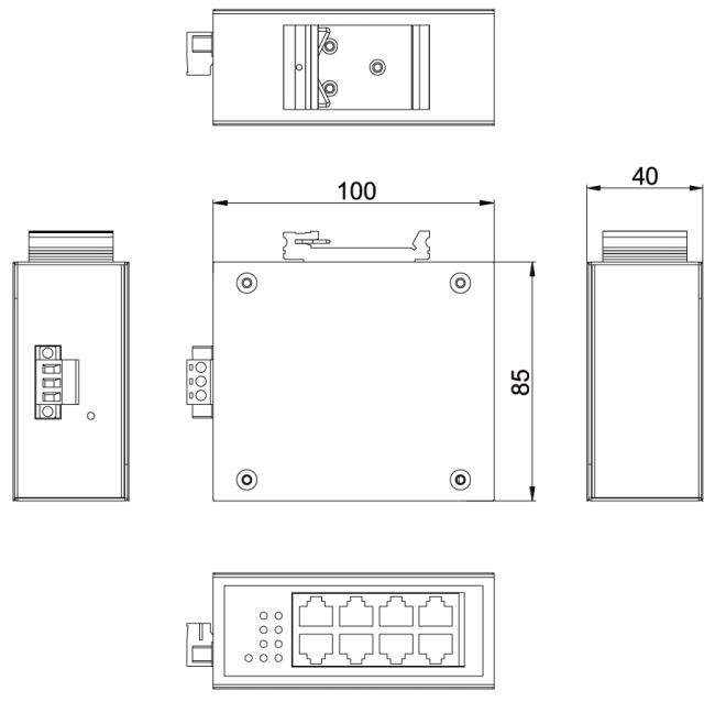 Mechanical dimension drawing of 8-port industrial Ethernet switch showing exact measurements