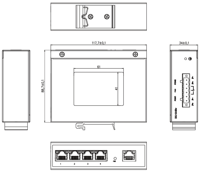 Technical drawing showing dimensions of industrial Ethernet switch (117.7x88.7x34mm)