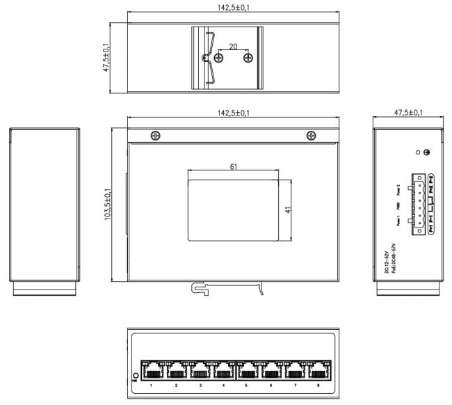 Mechanical dimension drawing of UES-08 industrial ethernet switch showing exact measurements