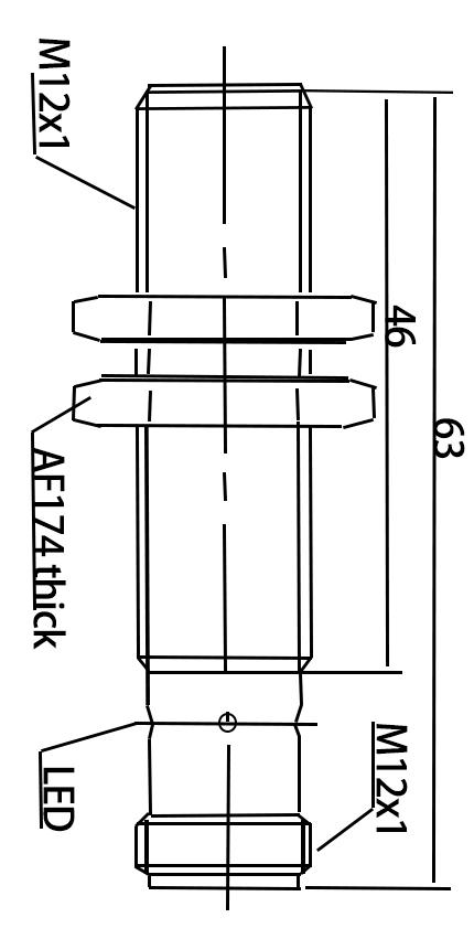 Dimensional drawing of Quasi Flush Inductive Sensor showing all measurements