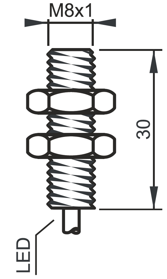 Dimensional drawing of M8 cylindrical inductive sensor showing measurements and mounting details