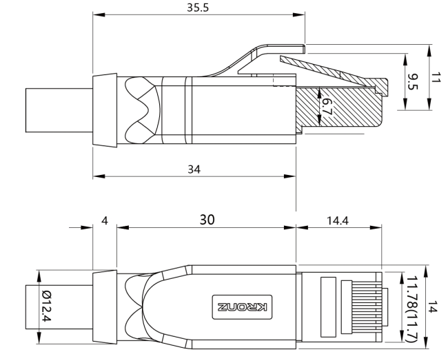 RJ45 Connector technical diagram showing components and materials