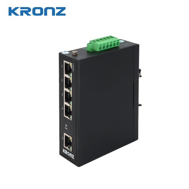 Front view of 5-port industrial Gigabit Ethernet switch