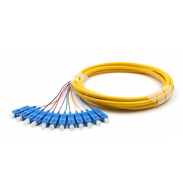 Quality SC UPC 12 Cores PVC Bundle Fan Out Fiber Cable Pigtail Single Mode OS2 Yellow Jacket for sale