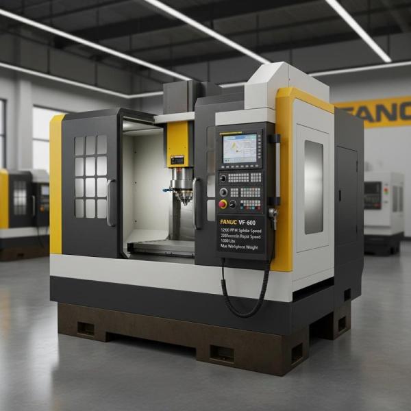 Quality FANUC VF-600 Vertical Machining Center with 12000 RPM Spindle Speed, 20000mm/min Rapid Speed, and 1000 Lbs Max Workpiece Weight for sale