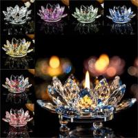 Quality Home Decoration 7 Colors Tea Light Buddhist Candlestick Glass Crystal Lotus for sale