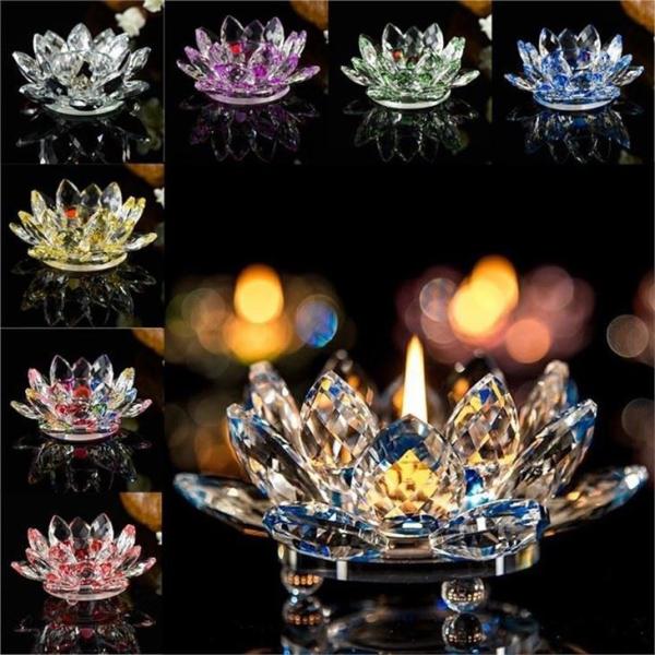 Quality Home Decoration 7 Colors Tea Light Buddhist Candlestick Glass Crystal Lotus Flower Candle Holder for sale
