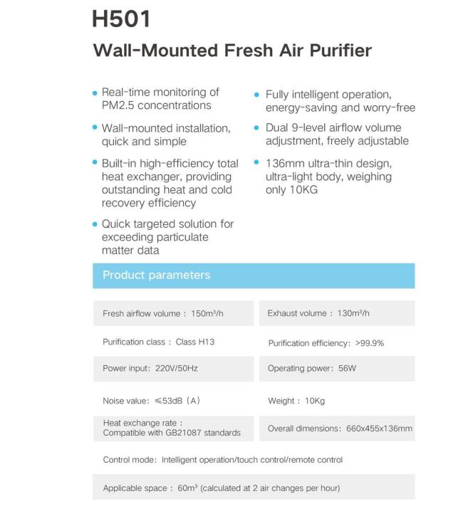 H501 Intelligent, Energy-Saving, Wall-Mounted Positivepressure Air Purifier with Fresh Air Supply