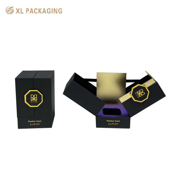 Quality Two Door Open Magnet Perfume Paper Box Black EVA Foam Insert Texture Paper Box for sale