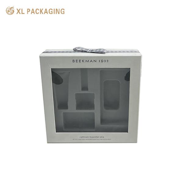 Quality OEM Luxury Rose Gold Glitter Paper Clear PVC Window Cosmetic Carton Collection for sale