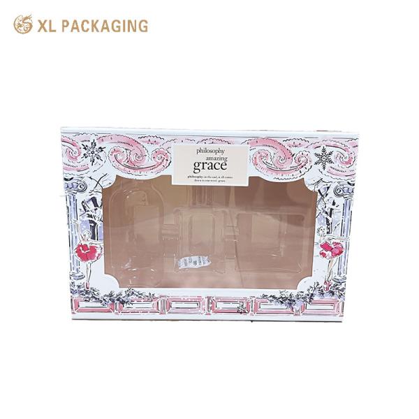 Quality OEM Luxury Rose Gold Glitter Paper Clear PVC Window Cosmetic Carton Collection for sale