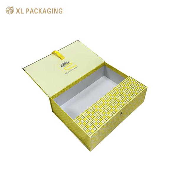 Double Door Gift Packaging Box in Yellow with Metallic Button Closure and Foil Stamping for Special Occasions