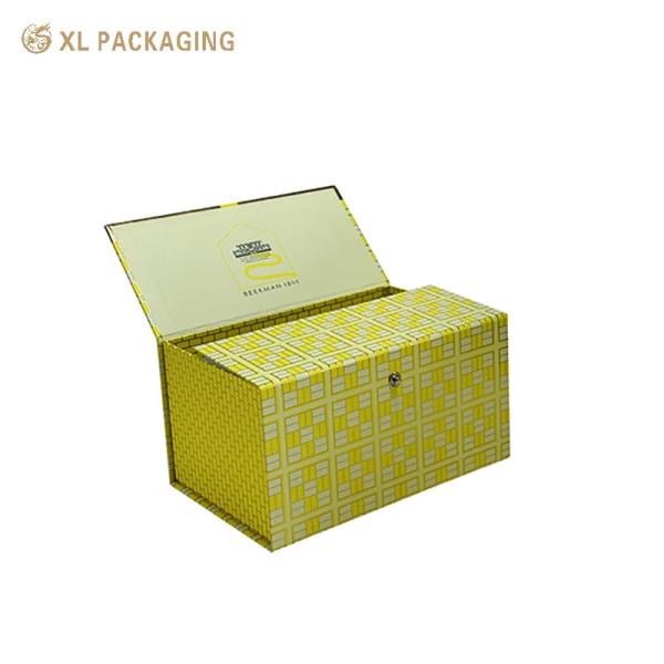 Double Door Gift Packaging Box in Yellow with Metallic Button Closure and Foil Stamping for Special Occasions