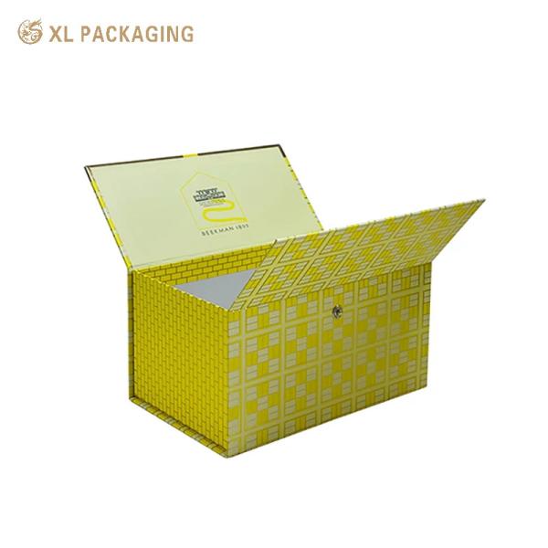 Double Door Gift Packaging Box in Yellow with Metallic Button Closure and Foil Stamping for Special Occasions