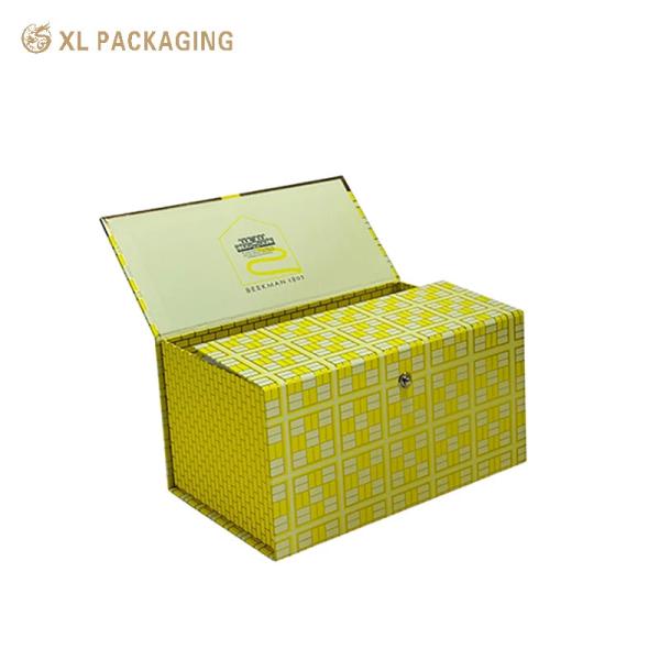 Double Door Gift Packaging Box in Yellow with Metallic Button Closure and Foil Stamping for Special Occasions