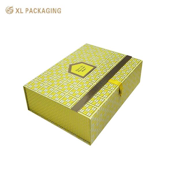 Double Door Gift Packaging Box in Yellow with Metallic Button Closure and Foil Stamping for Special Occasions