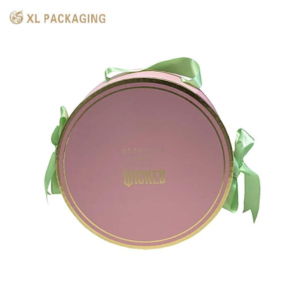 Round Cosmetic Paper Box With Unique Design Mini Drawer Box Green Ribbon Handle And Gold Tray For Beauty Essentials