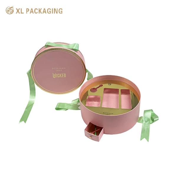 Round Cosmetic Paper Box With Unique Design Mini Drawer Box Green Ribbon Handle And Gold Tray For Beauty Essentials