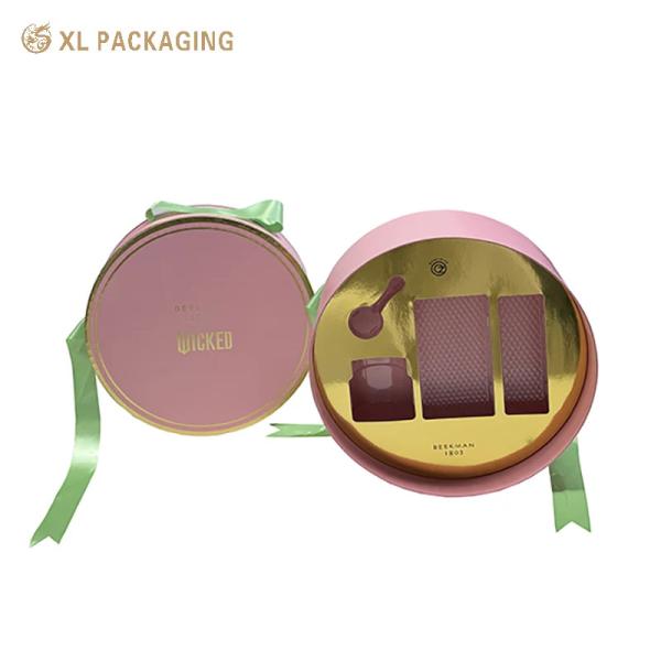Round Cosmetic Paper Box With Unique Design Mini Drawer Box Green Ribbon Handle And Gold Tray For Beauty Essentials