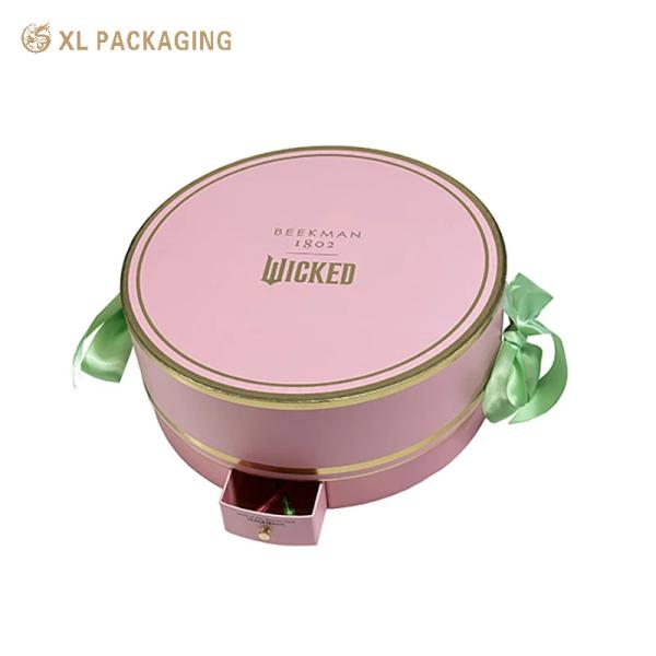 Round Cosmetic Paper Box With Unique Design Mini Drawer Box Green Ribbon Handle And Gold Tray For Beauty Essentials