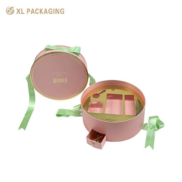 Round Cosmetic Paper Box With Unique Design Mini Drawer Box Green Ribbon Handle And Gold Tray For Beauty Essentials
