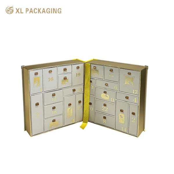 Luxury Skin Care Advent Calendar Box Classic Collector's Book Design with Gold Foil Logo for Christmas