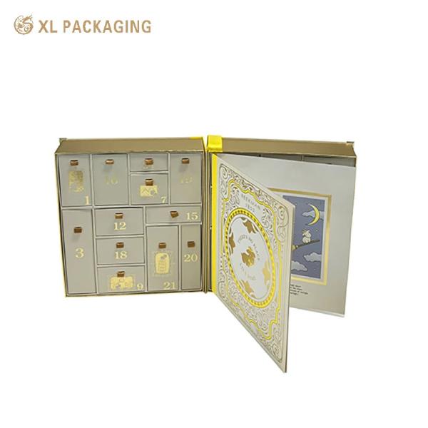 Luxury Skin Care Advent Calendar Box Classic Collector's Book Design with Gold Foil Logo for Christmas