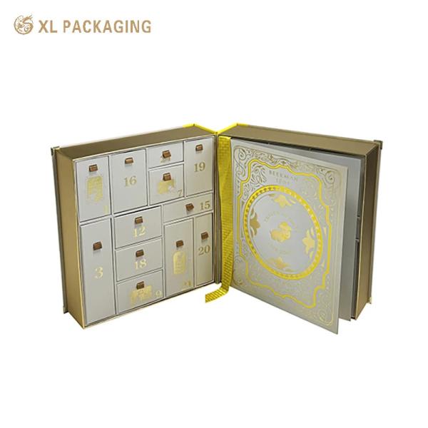 Luxury Skin Care Advent Calendar Box Classic Collector's Book Design with Gold Foil Logo for Christmas